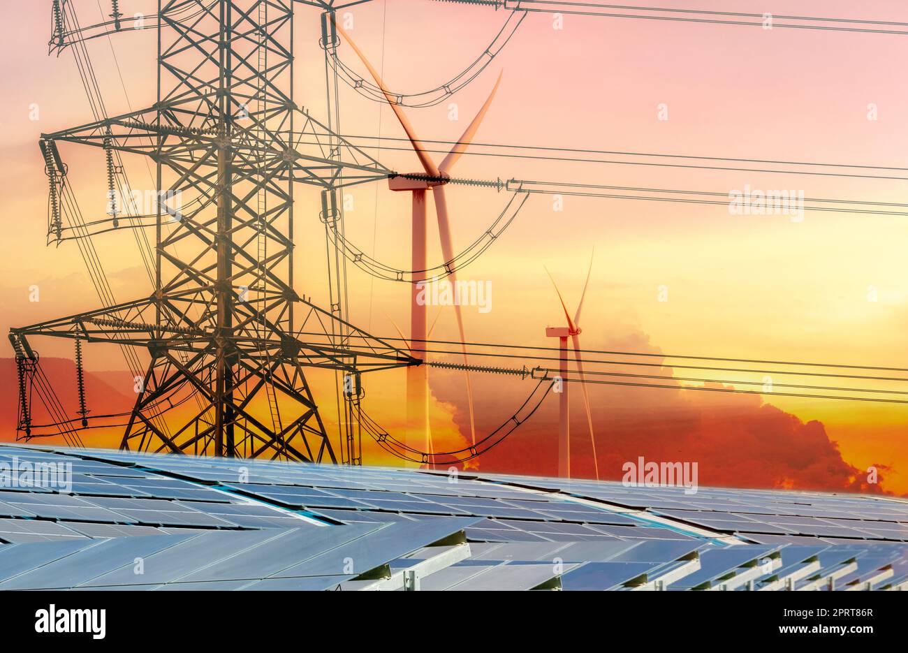 Sustainable energy. Solar farm, wind turbine, and electric pylon with ...