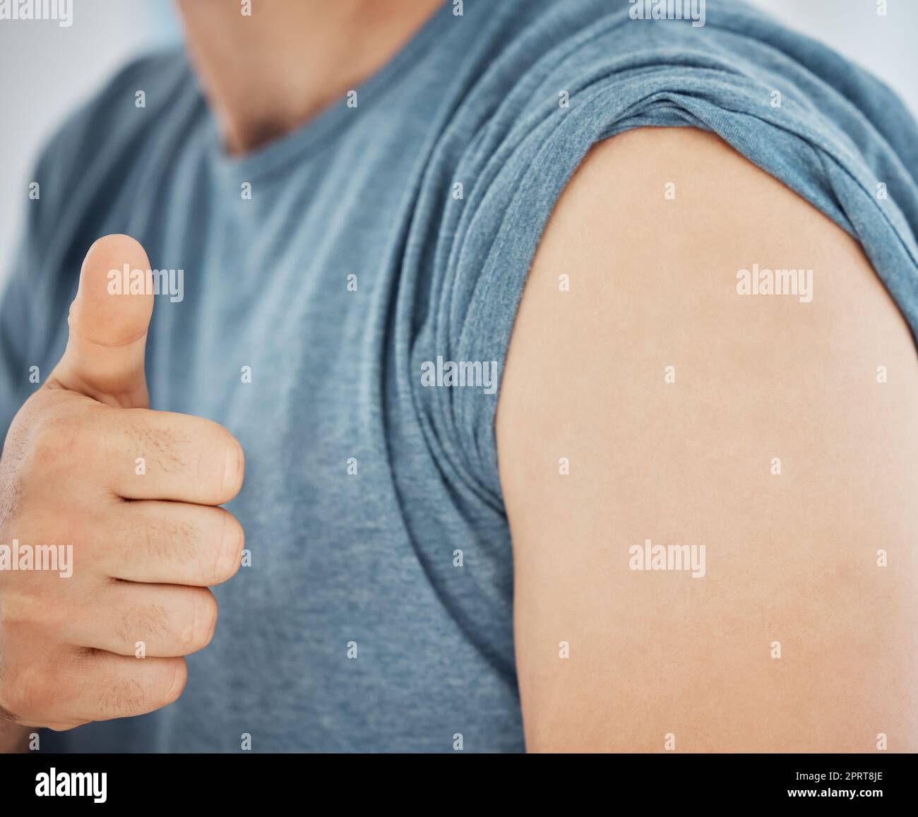 Vaccine, thumbs up or show shoulder for covid safety, immunization or ...