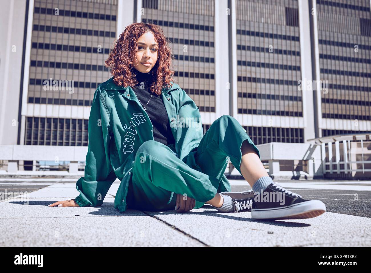 Fashion, city and gen z portrait of girl resting on outdoor floor of ...