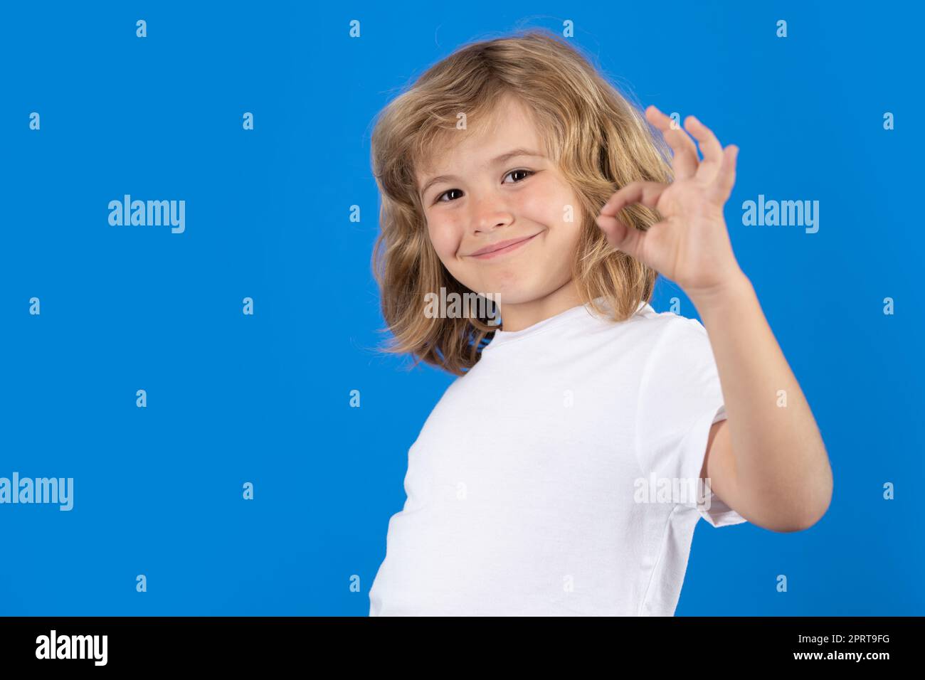 Portrait of cute smiling child with okay gesture, isolated studio ...