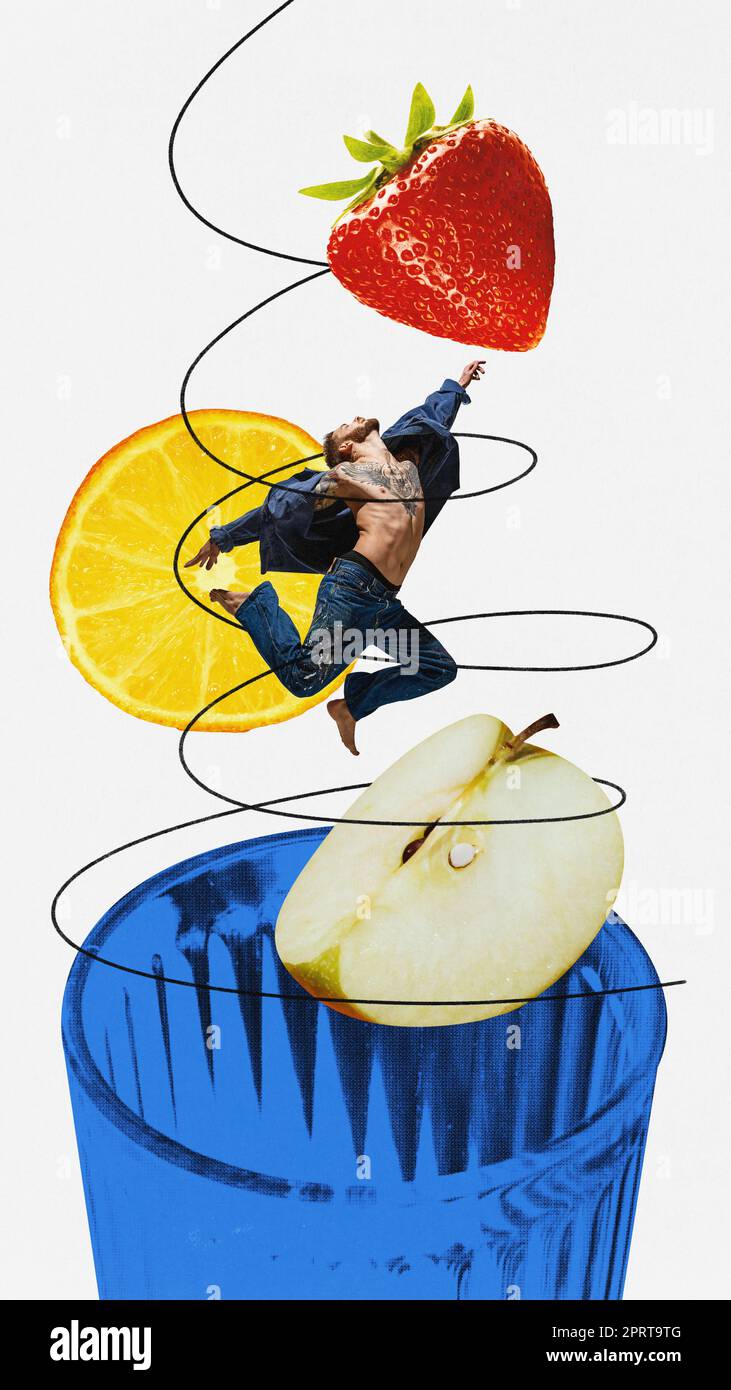 Contemporary art collage with young man falling into glass of lemonade ...