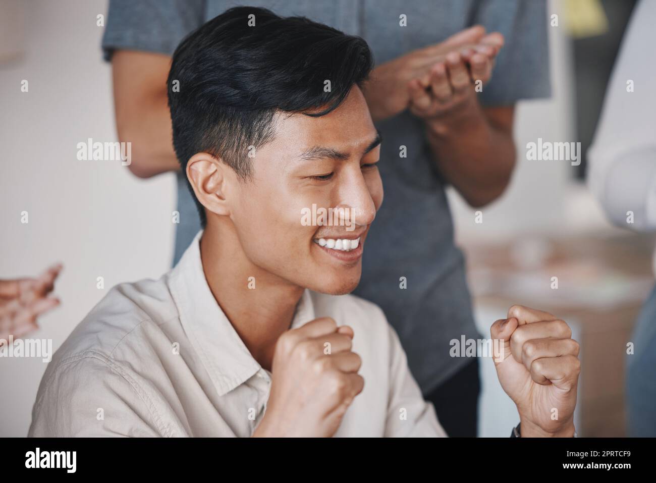 Success, motivation and winning hand sign with business people victory ...