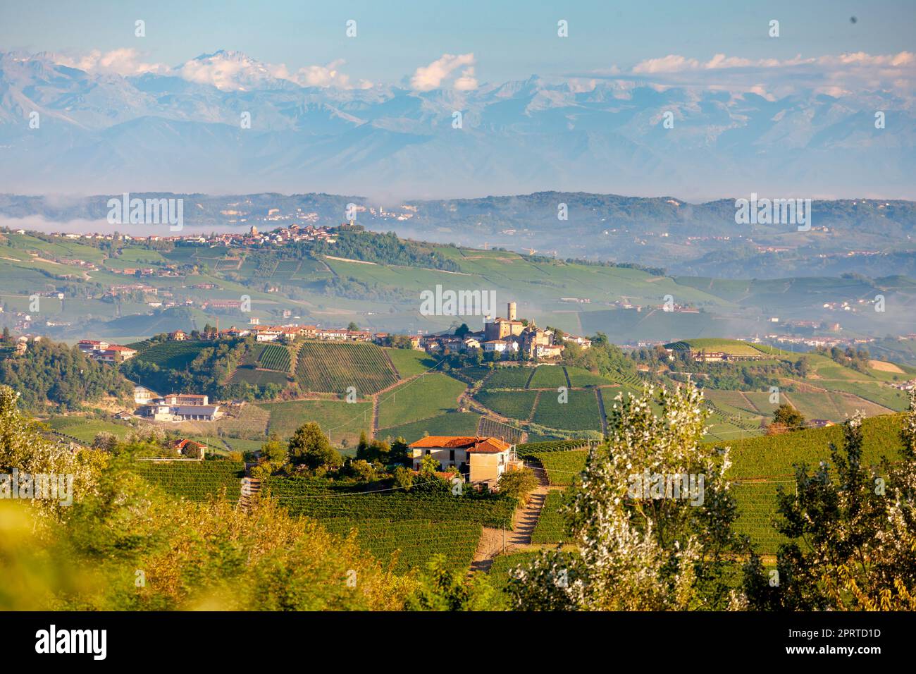 View of the village of Serralunga d`Alba and the wonderful Langa, italy ...