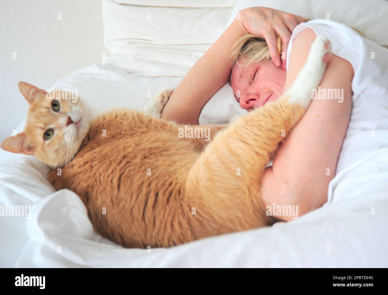Female sleeping with her cat in bed Stock Photo - Alamy