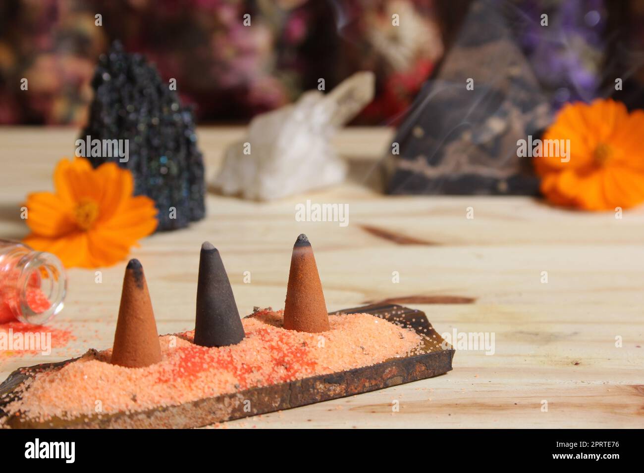 Rock Crystal With Incense and Stone Pyramid on Meditation Altar Stock ...