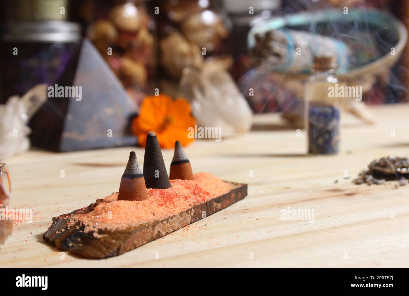 Rock Crystal With Incense and Stone Pyramid on Meditation Altar Stock ...
