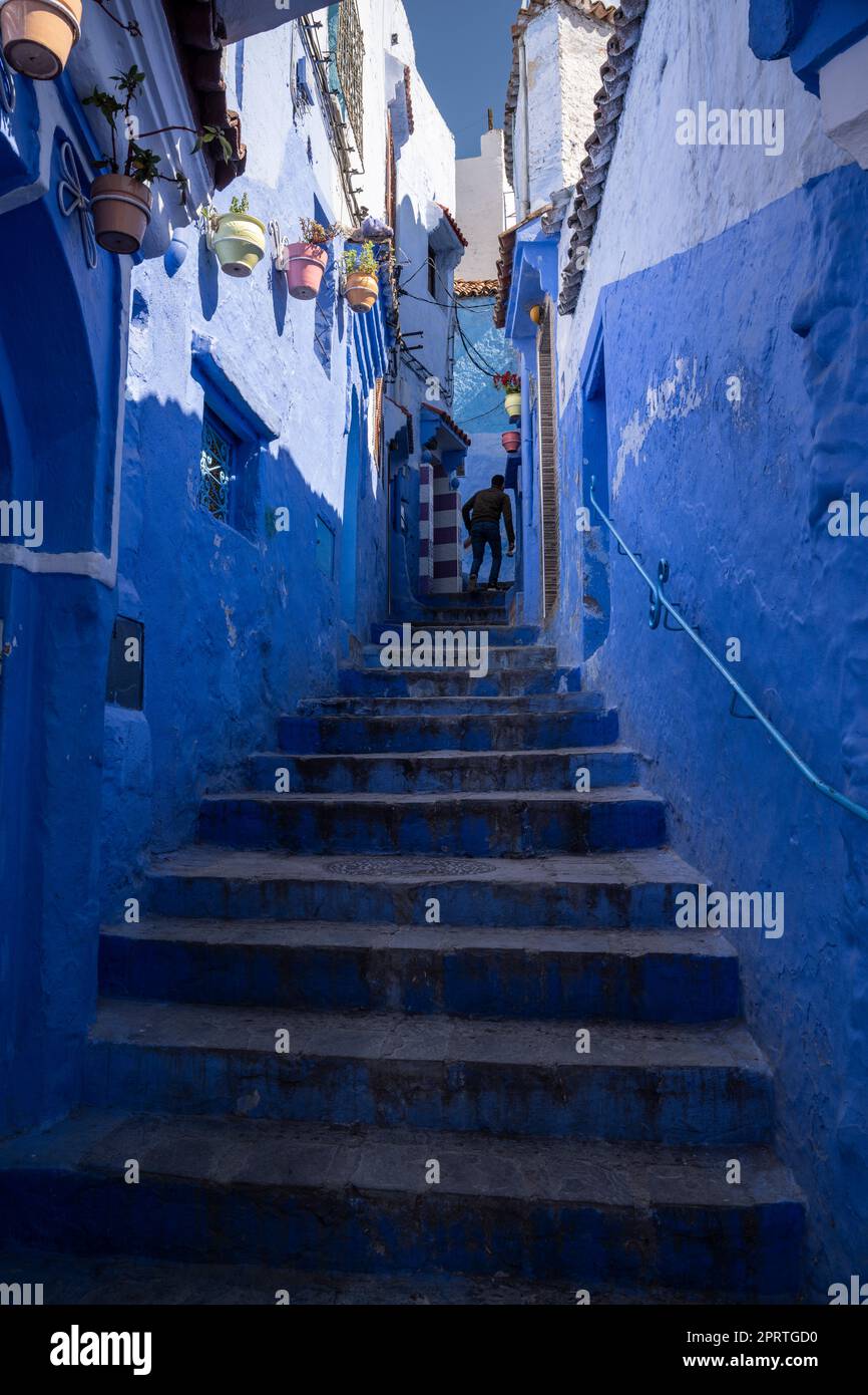 Silhouette of a man climbing the stairs of a steep alley in the blue ...