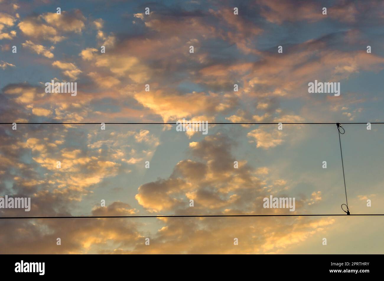 Electrical wires on cloudy sky at sunset background Stock Photo - Alamy