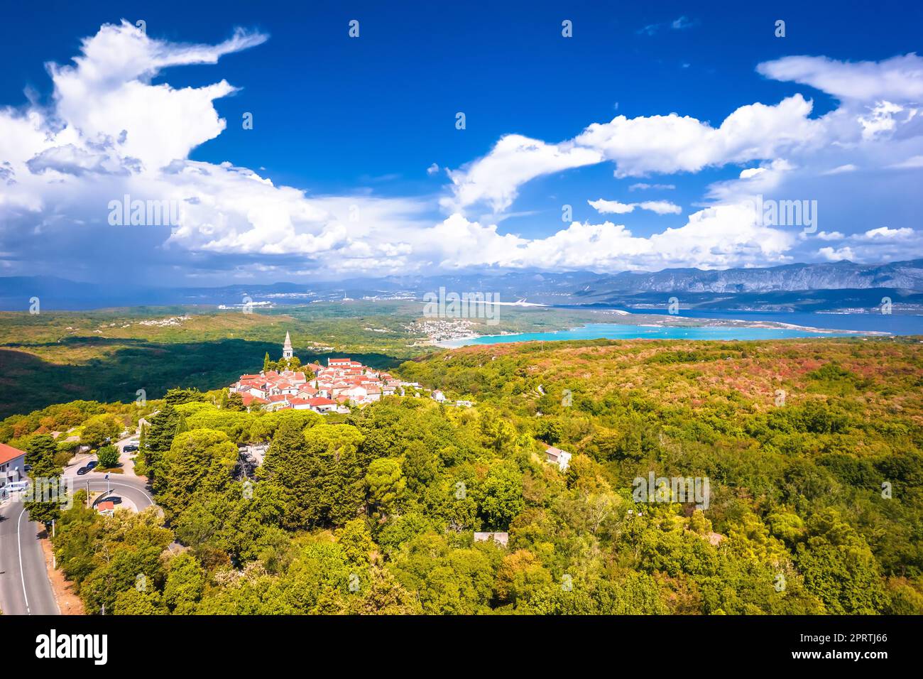 Historic town of Dobrinj and turquoise Soline bay aerial panoramic view, Island of Krk, Kvarner ...