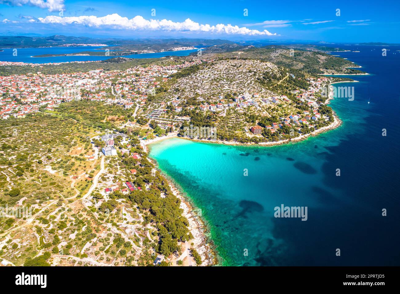 Island of Murter turquoise lagoon beach Slanica aerial view, Dalmatia ...
