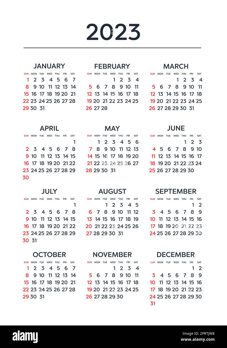 Calendar 2023 year. Black and white vector template. Week starts on ...