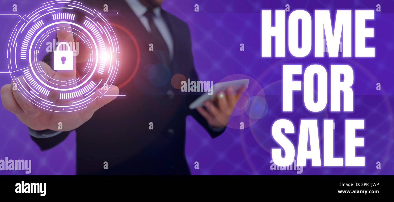 Sign displaying Home For Sale. Internet Concept House available to be ...