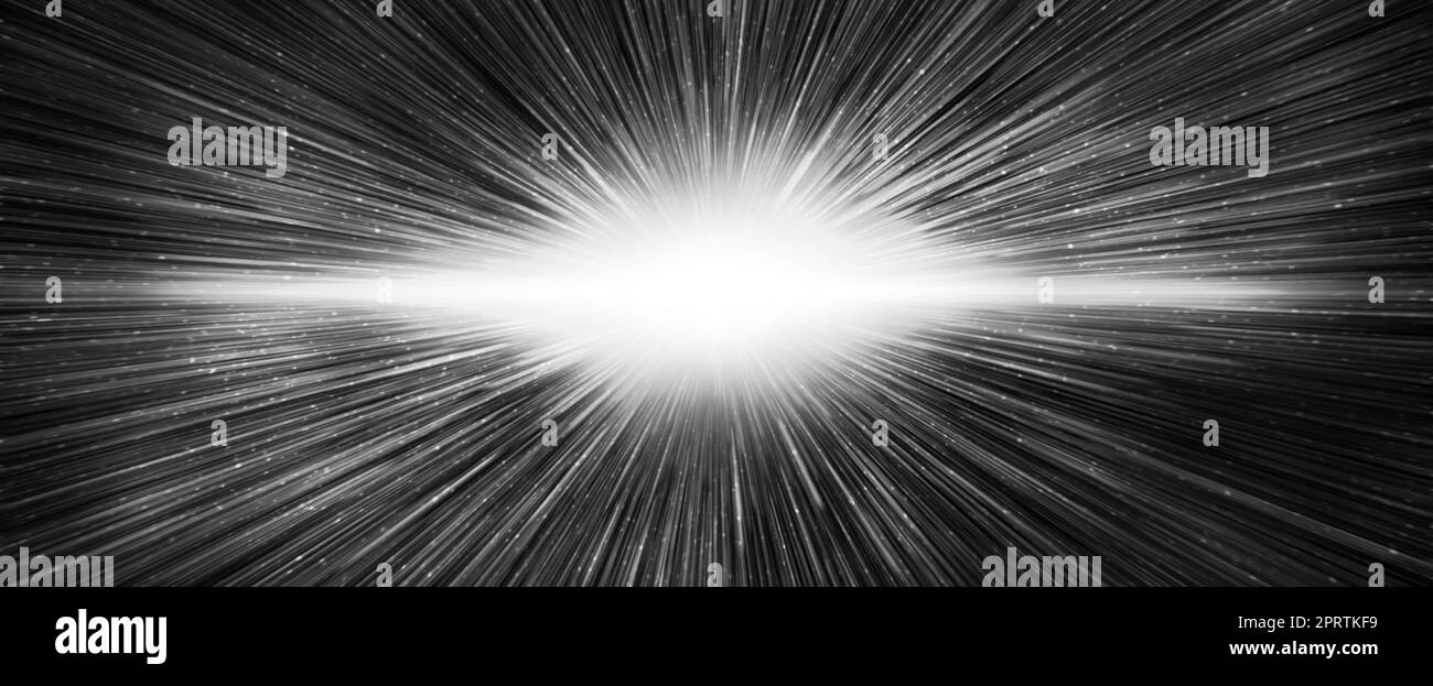 Big bang effect on bright black galaxy sky, horizontal banner. 3d ...