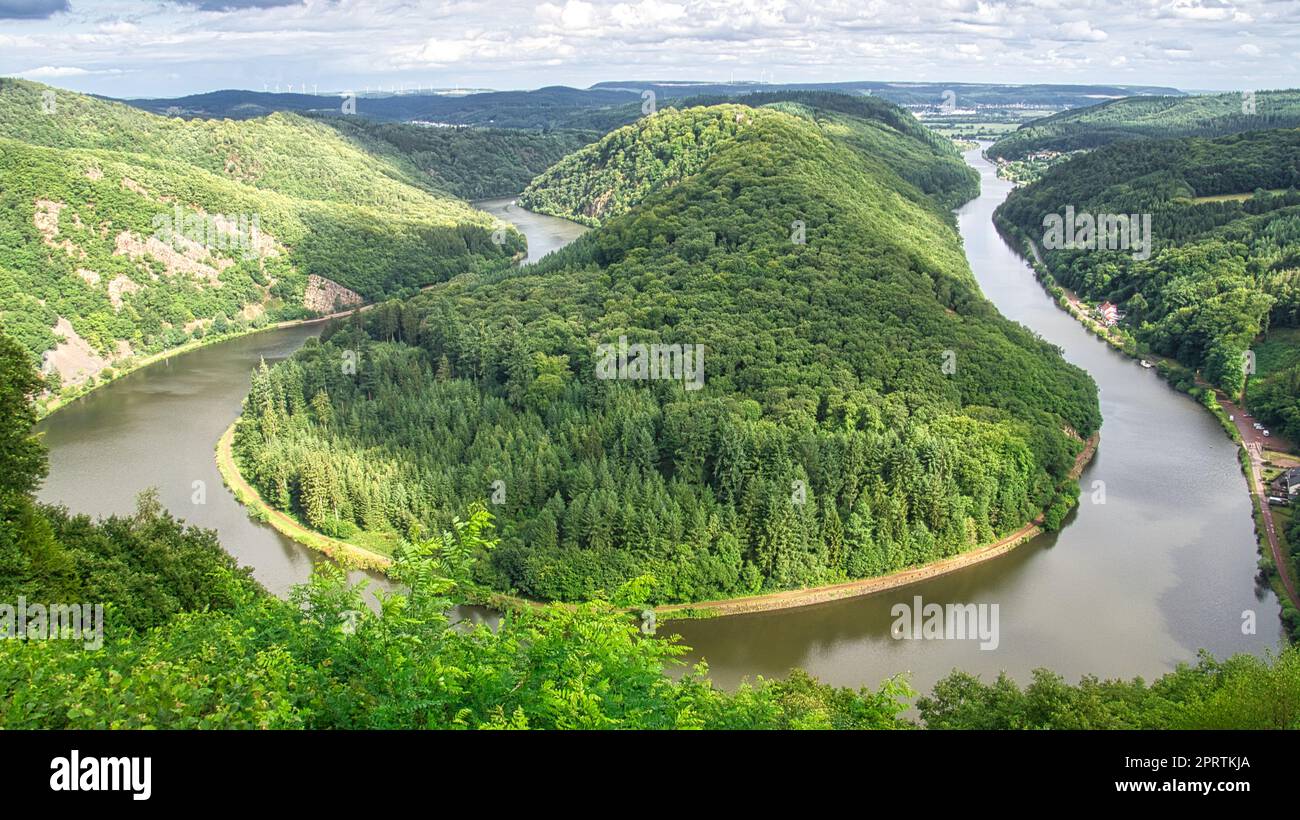 Saarschleife view from tree top walk tower. A lookout tower in Saarland ...
