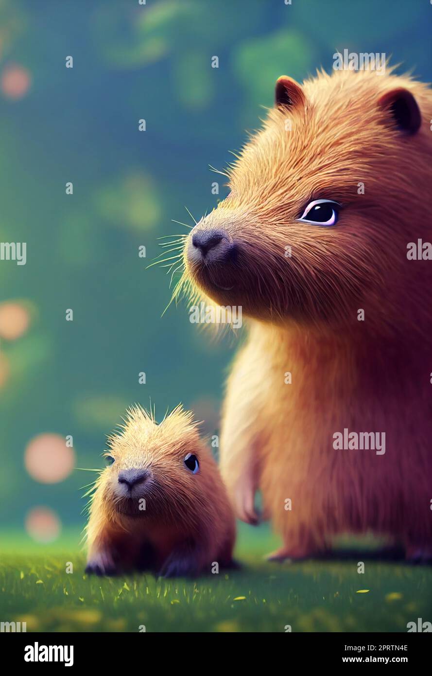 Capybara and her baby, wild animals of South America. Realistic 3D ...
