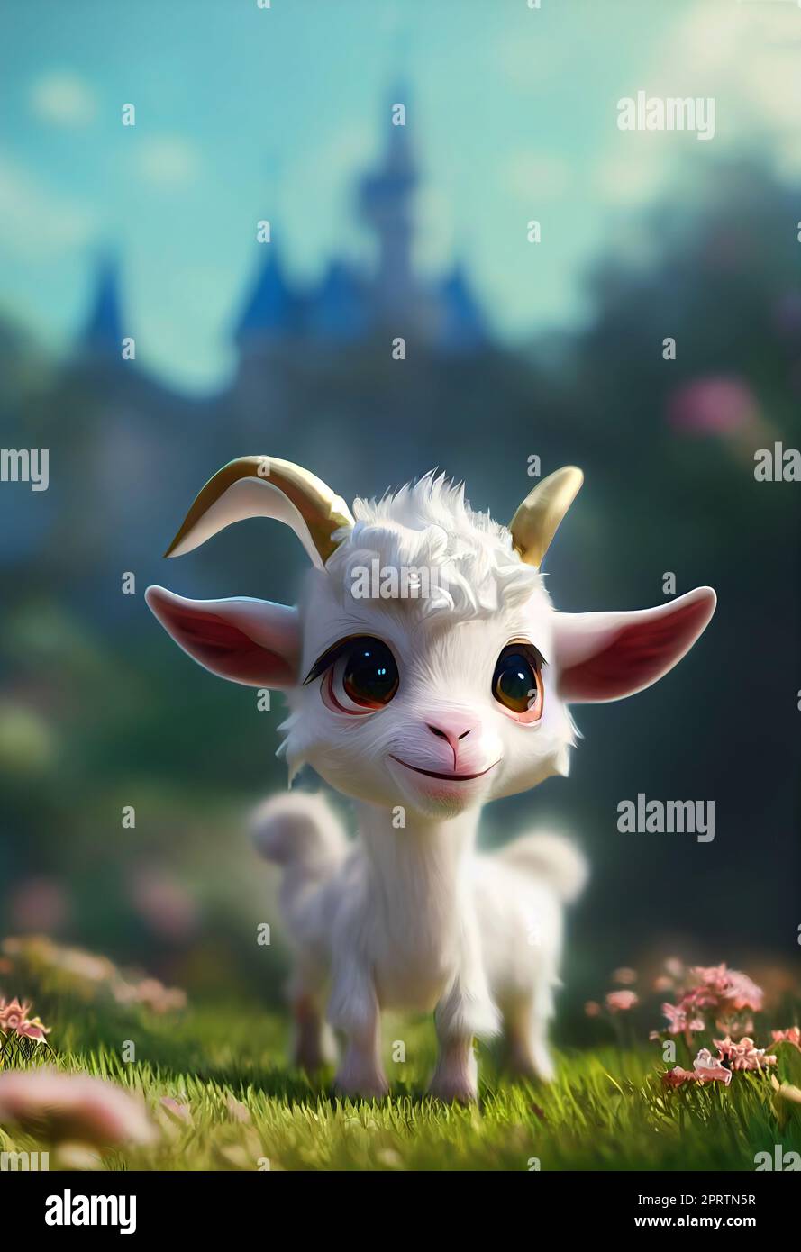 Tiny cute adorable white goat. Animation style character, anime style ...