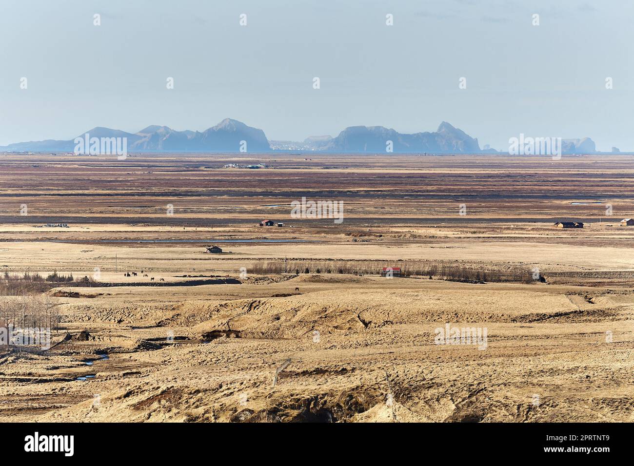 Icelandic plain landscape with cliffs of Vestmannaeyjar islands in the ...