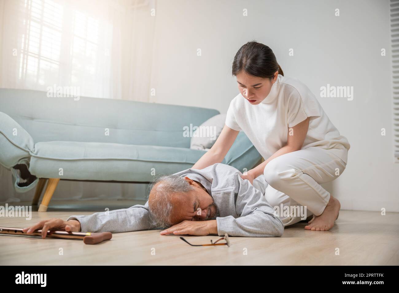Asian elderly old man with walking stick fall on ground and ...