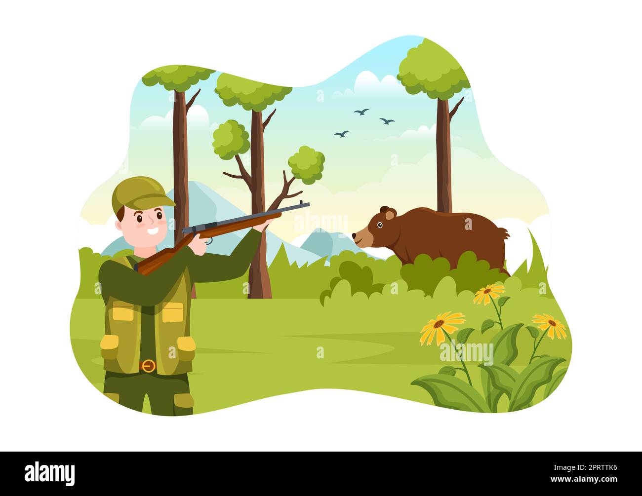 Hunter with Hunting Rifle or Weapon Shooting to Birds or Animals in the ...