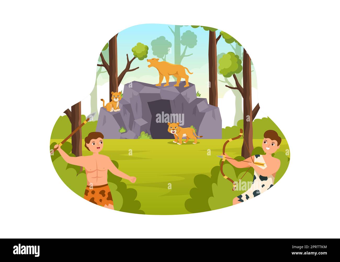 Prehistoric Stone Age Tribes Hunting Large Animals with Weapon in Flat ...