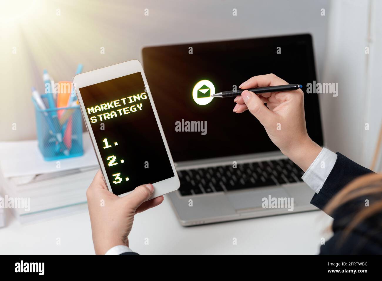 Hand writing sign Marketing StrategyScheme on How to Lay out Products ...