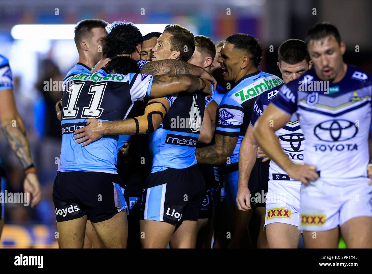 The Sharks celebrate a try by Sione Katoa during the NRL Round 9 match ...