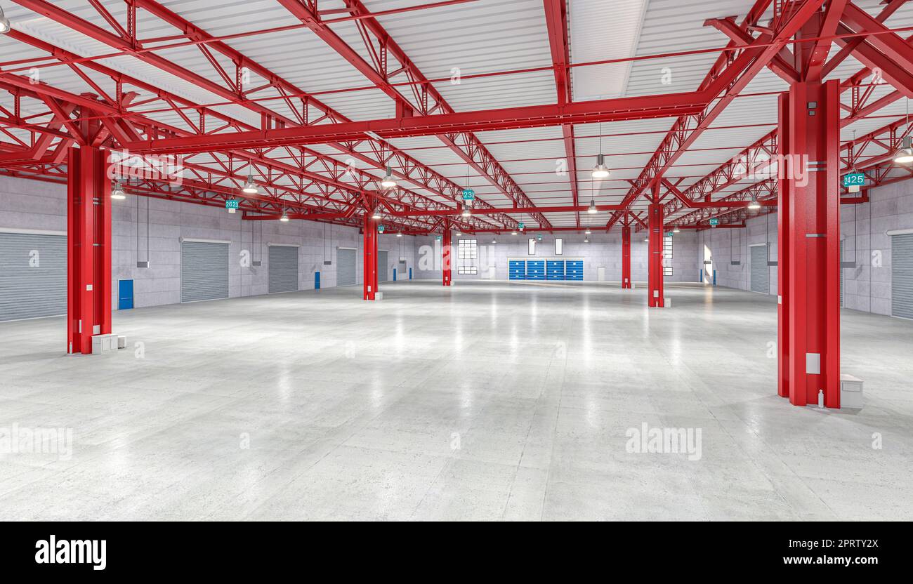 view of an empty industrial warehouse. 3d render Stock Photo - Alamy
