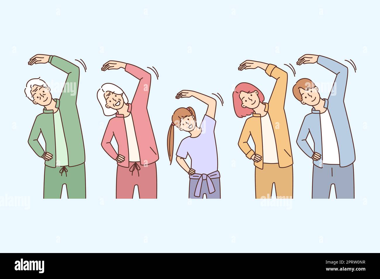 Happy family in sportswear do gymnastics together. Smiling three ...