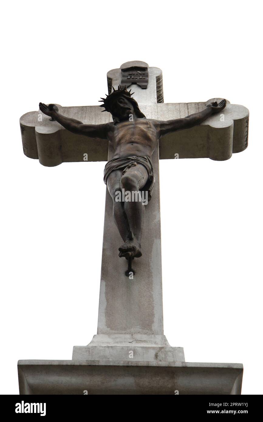 stone jesus and crucifix as religion background Stock Photo - Alamy