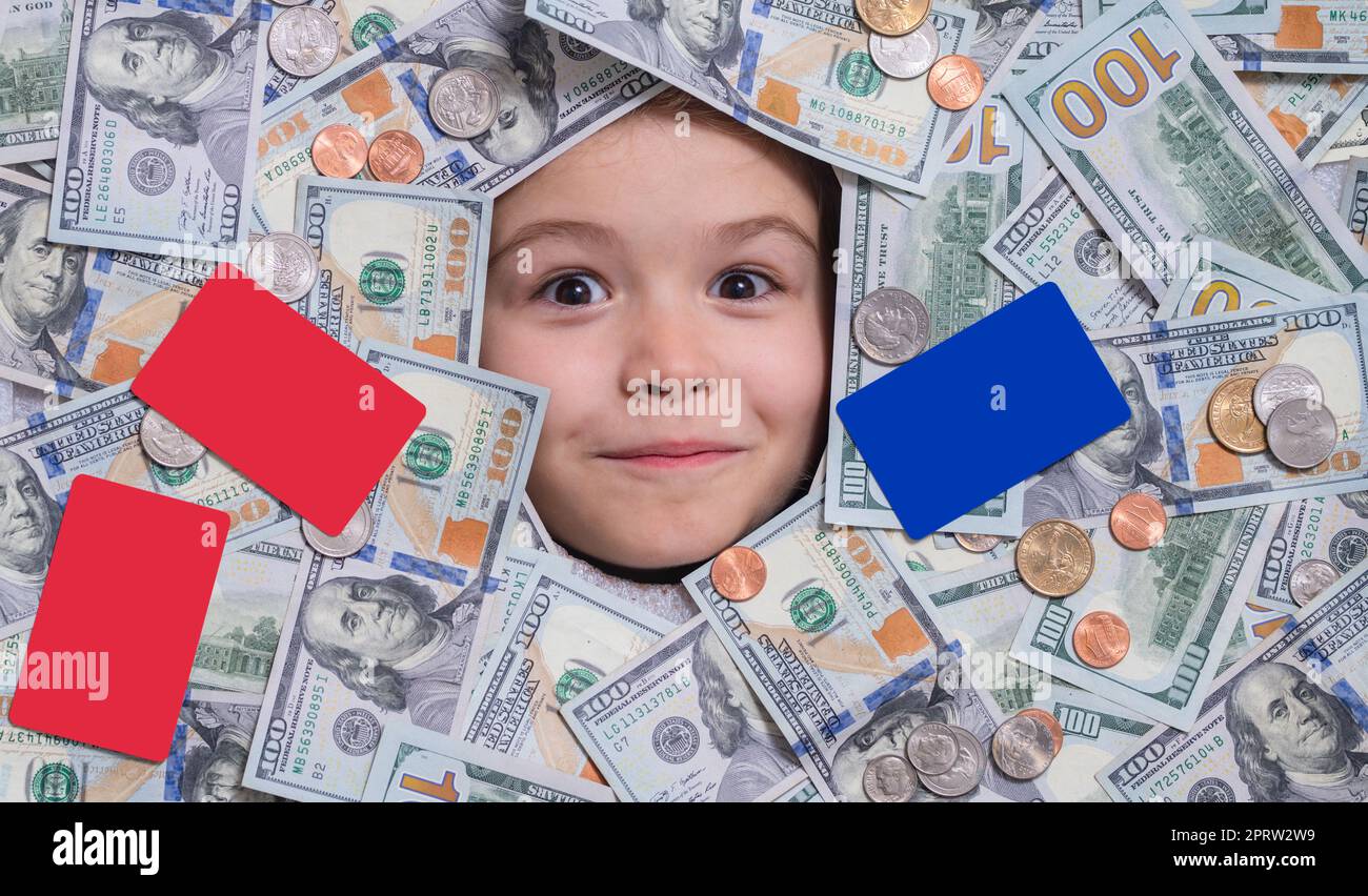 Kids how to be rich. Cash dollars banknotes, coins and credit card ...