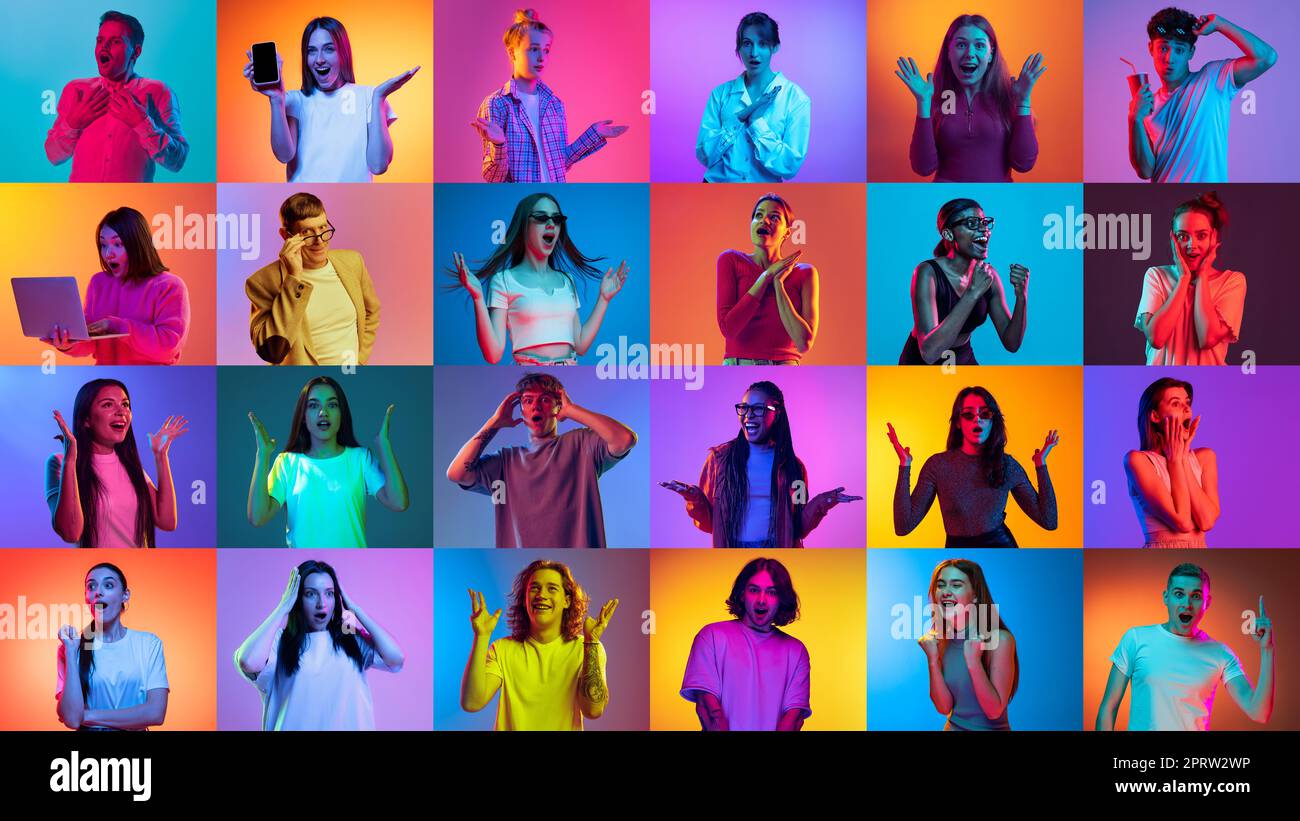 Collage made of portraits of diverse young people with gadgets and ...