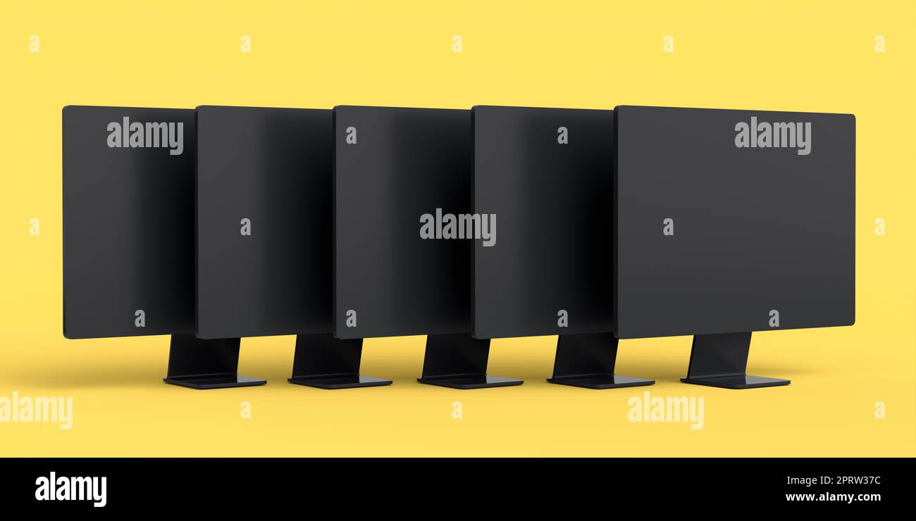 Set Of Desktop Computers With Blank Screen Display Isolated On Yellow