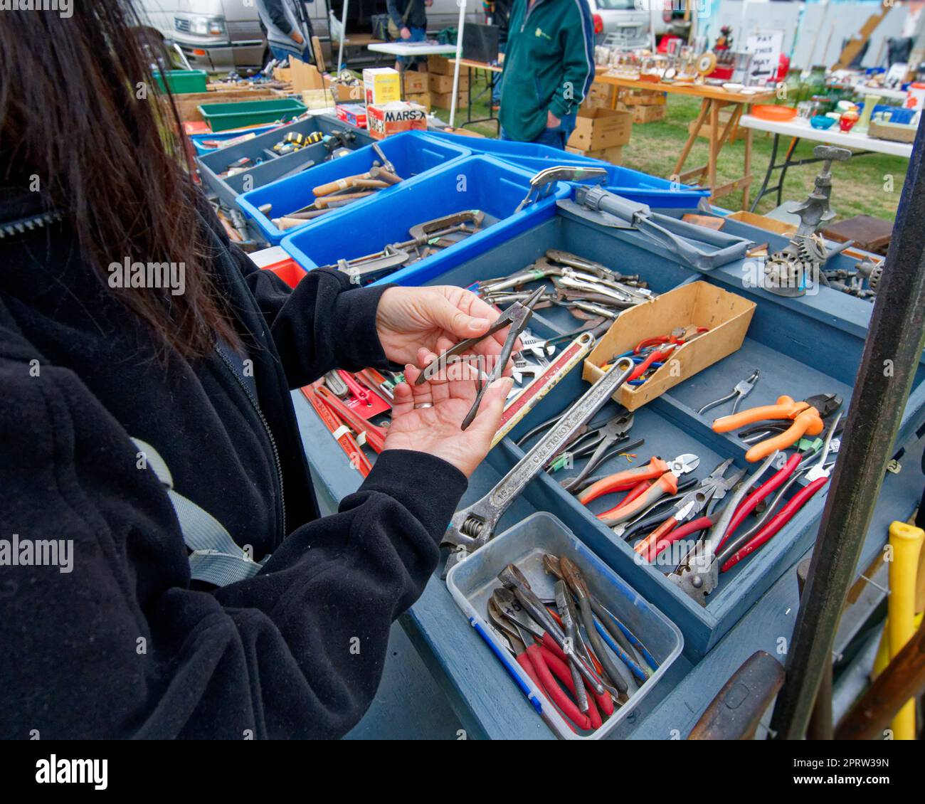 A woman choosing a pair of round nosed pliers at a market stall at the ...