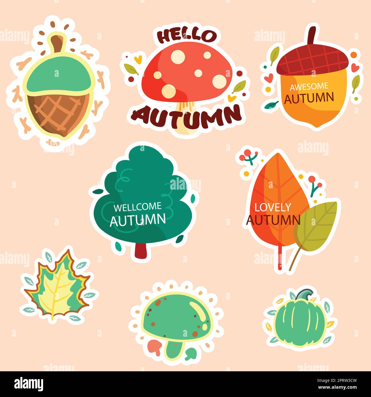 Set of autumn stickers, pumpkins, acorns, mushrooms with autumn leaves ...