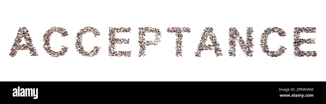 Conceptual large community of people forming the word ACCEPTANCE. 3d ...