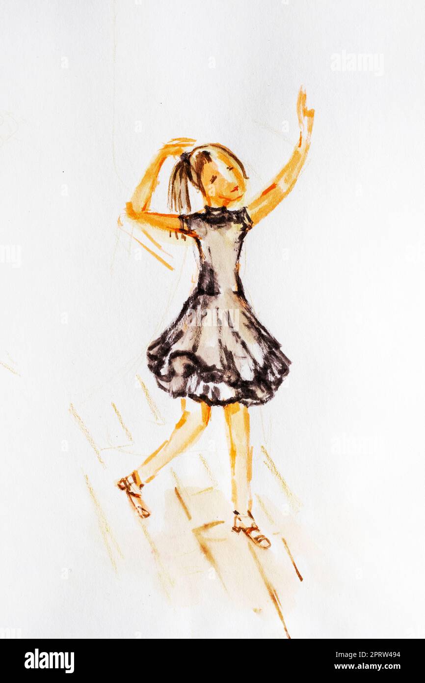 sketch of a little girl dancer in a black dress dancing the waltz solo ...