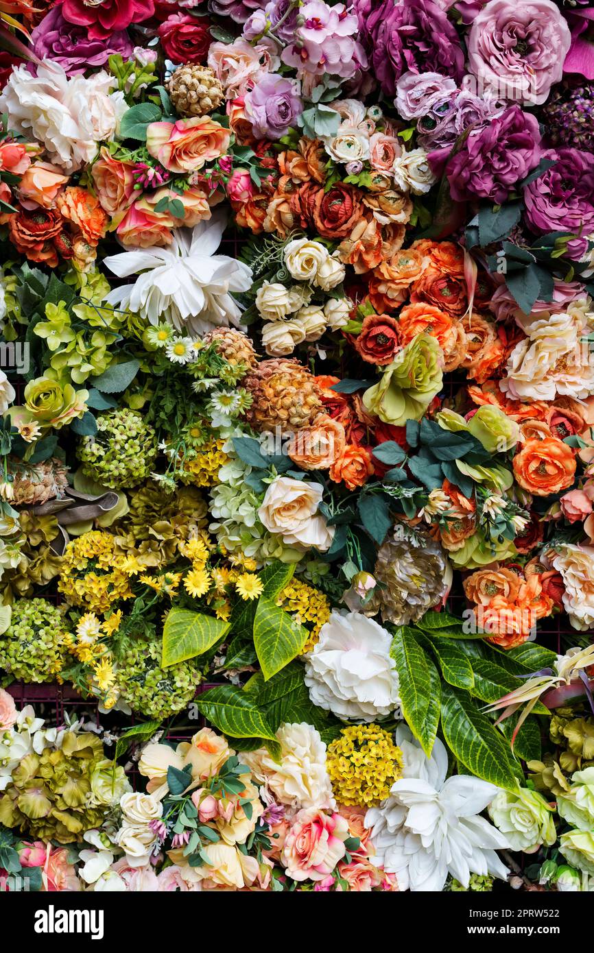 Flowers wall background with amazing red, orange, pink, purple, green ...