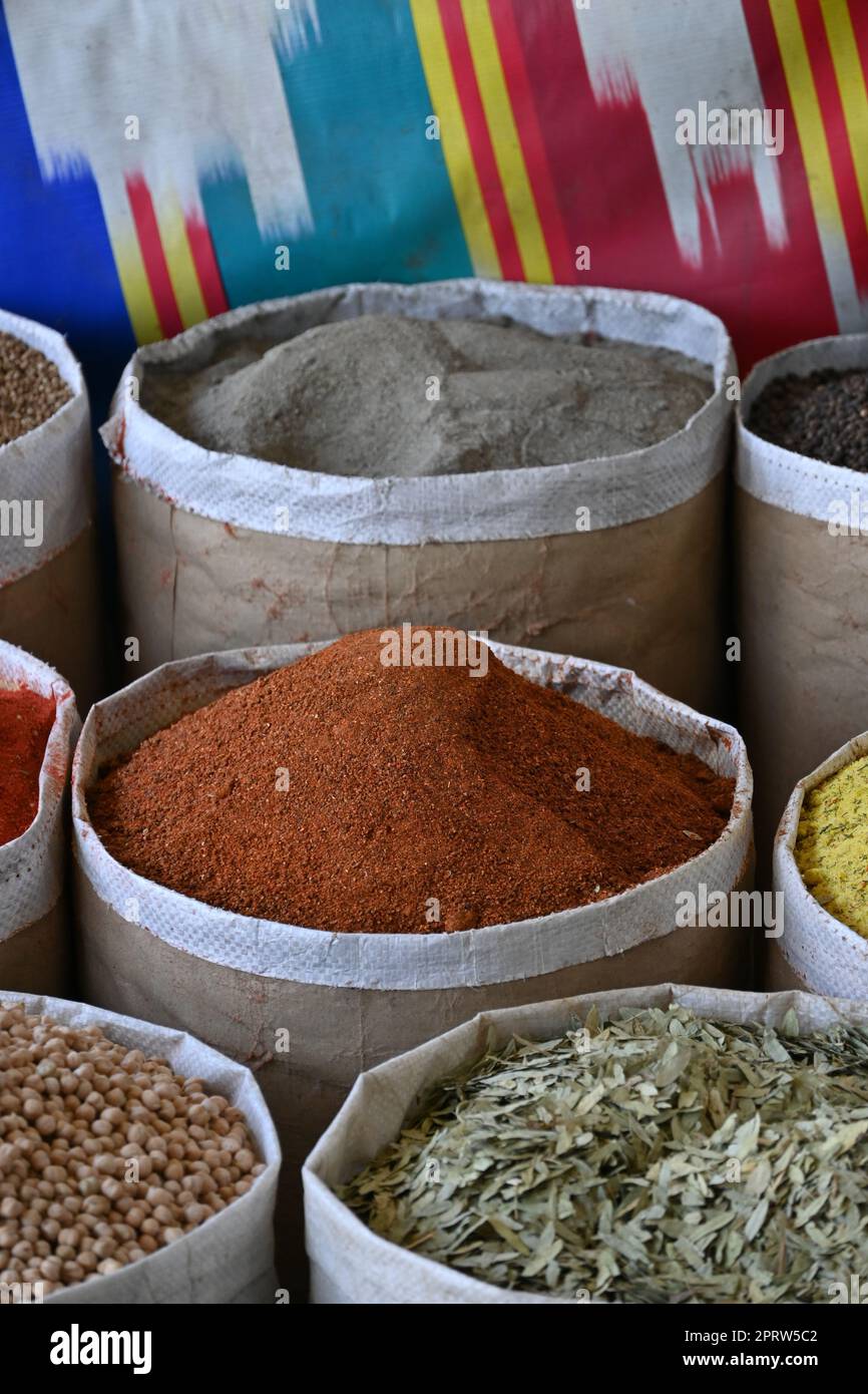 Closeup of mixed spices sold in Chorsu bazaar in Tashkent, Uzbekistan ...