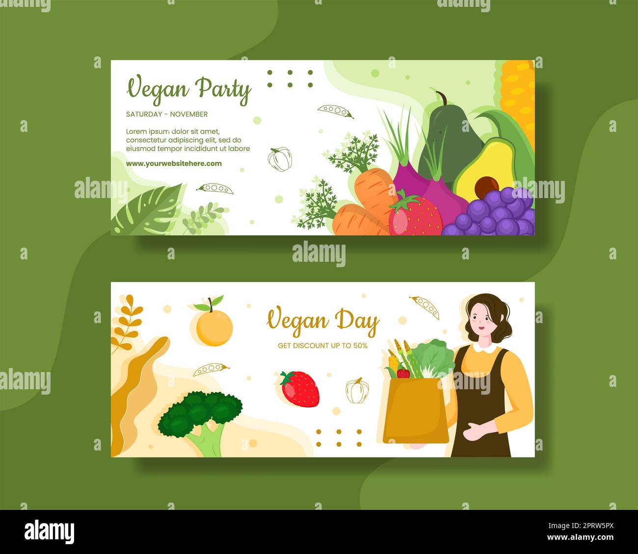 Happy Vegetarian Day or Vegan Horizontal Banner Template Hand Drawn ...