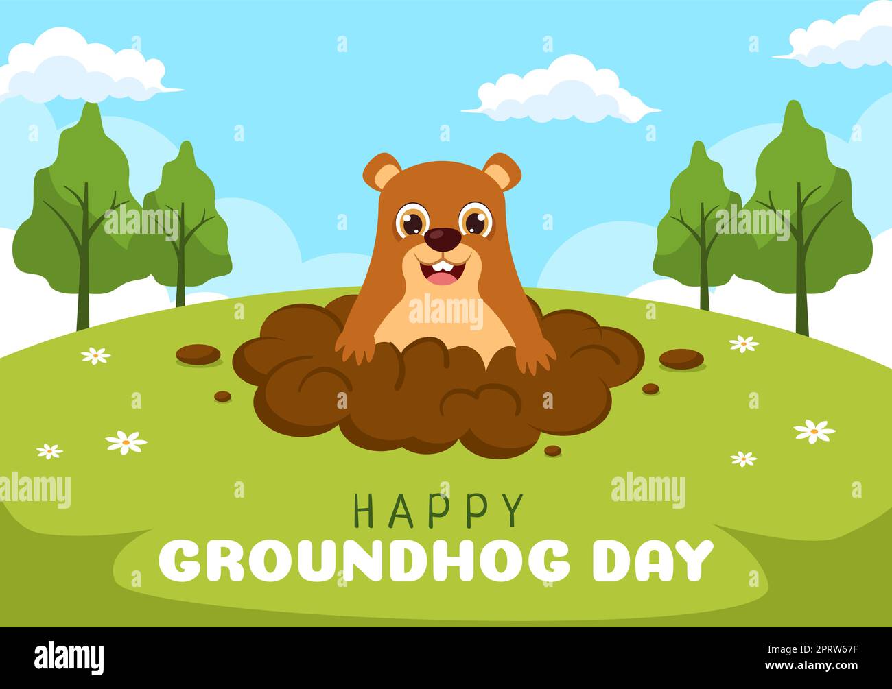 Happy Groundhog Day on February 2 with Cute Marmot Character and Garden ...