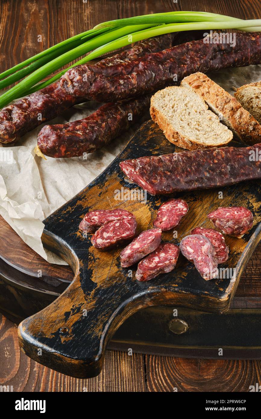 Closeup view of dried sausage made of venison and turkey meat Stock ...