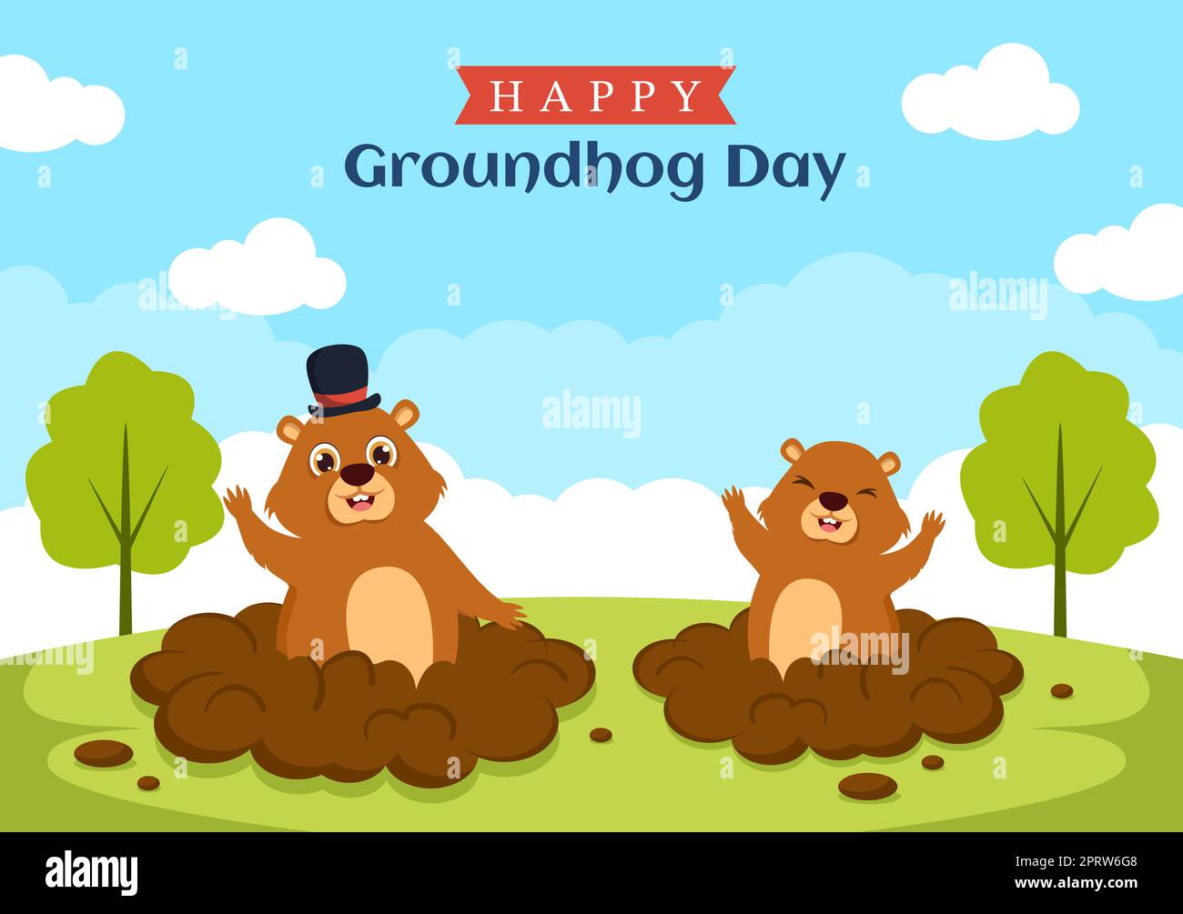 Happy Groundhog Day on February 2 with Cute Marmot Character and Garden ...