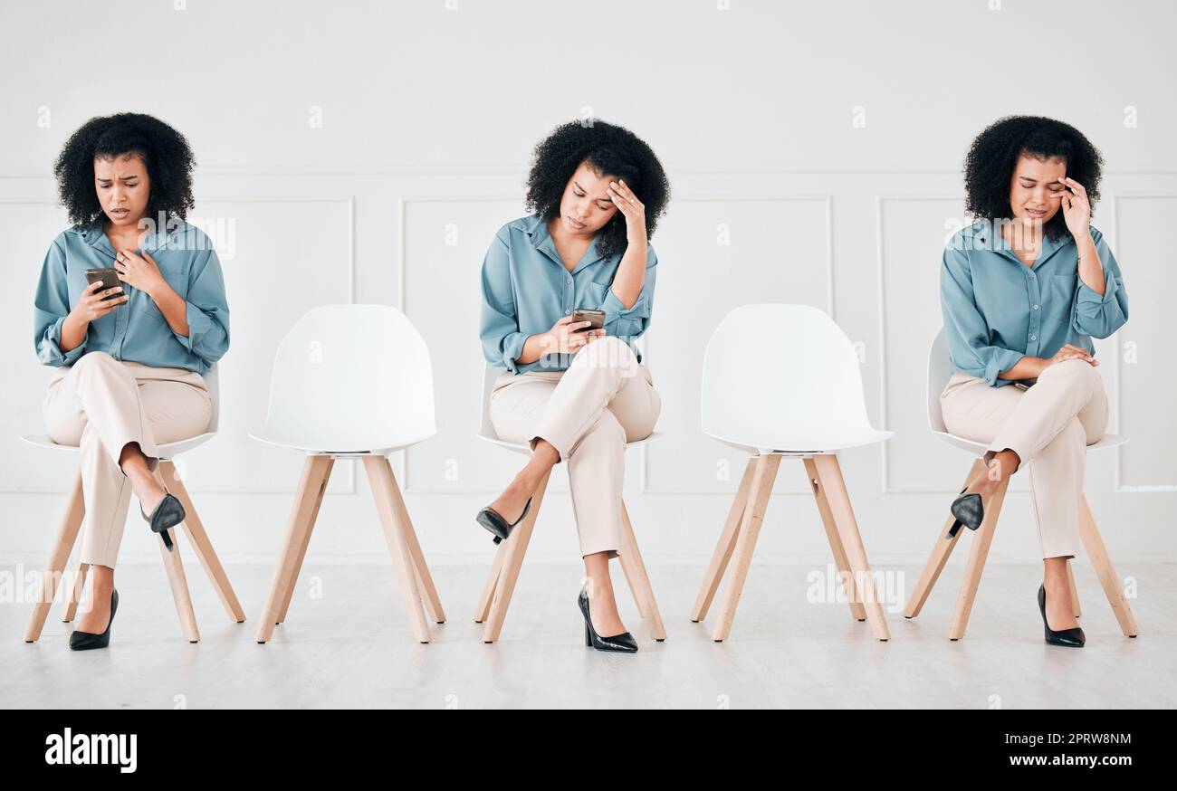 Woman on phone after business job interview, angry or frustrated after ...