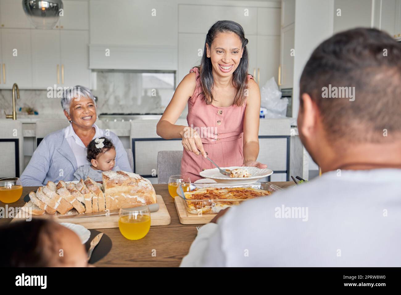 Home, happy and family brunch with food, bread and drinks for meal ...