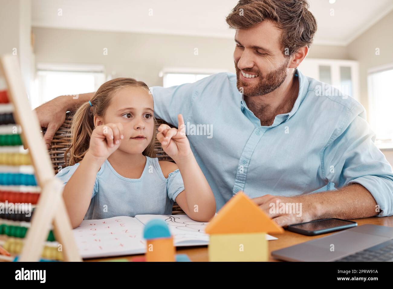 Education, family and e learning with father and child for kindergarten ...