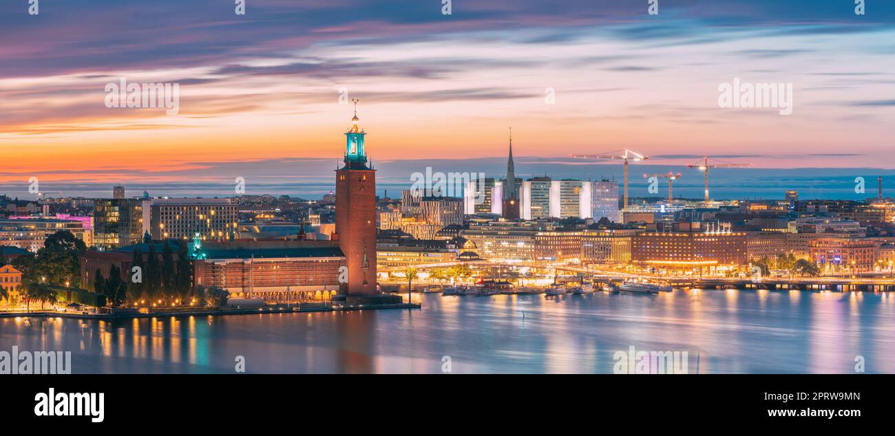Stockholm, Sweden. Night Skyline With Famous Landmarks. Panorama ...