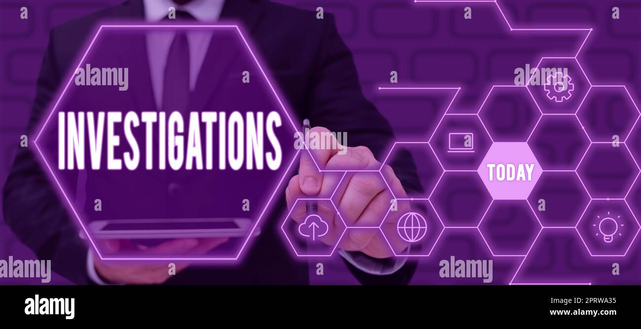 Text sign showing InvestigationsThe formal action or systematic ...