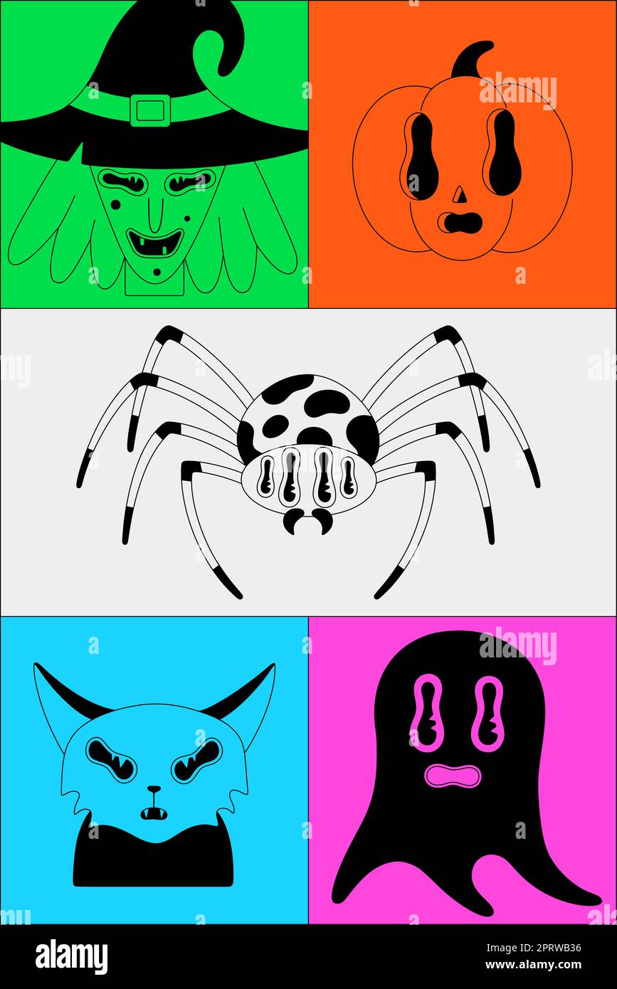 Halloween holiday. Black spooky fantasy characters in bright frames ...
