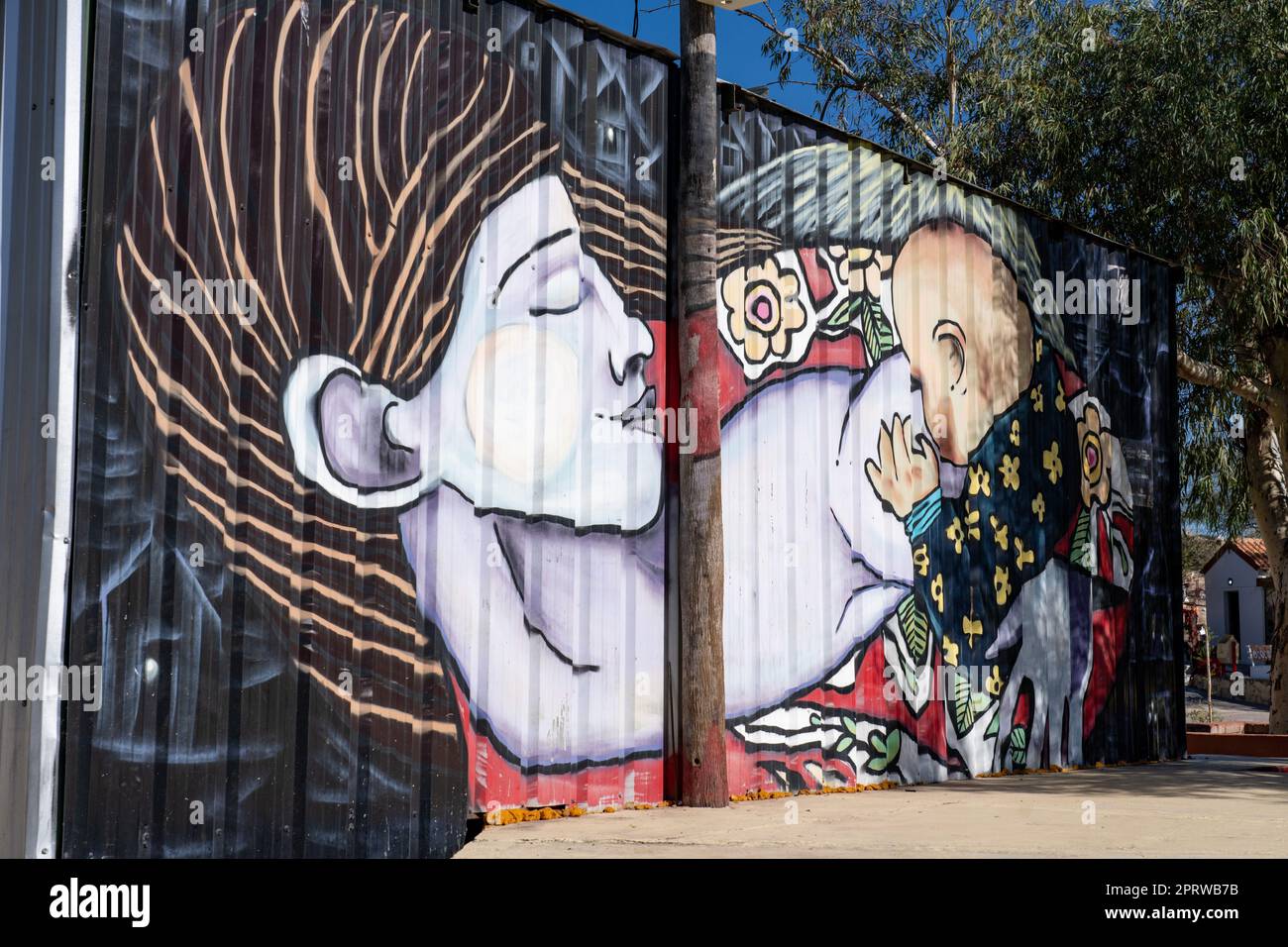 A mural of the legend of the folk-saint, Difunta Correa, still nursing ...