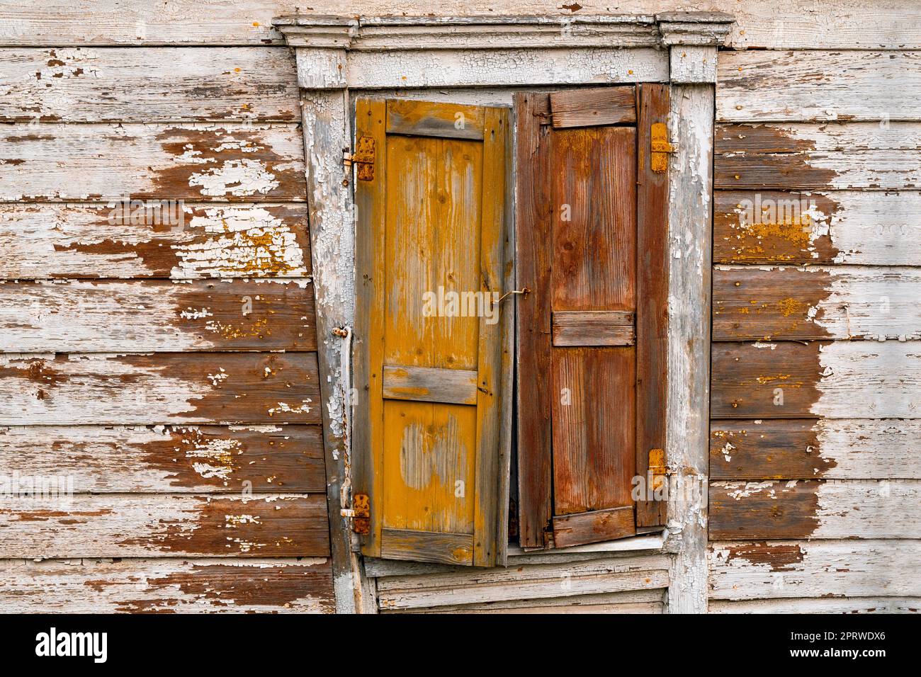 Design of vintage window. Abandoned wooden house with old crooked ...